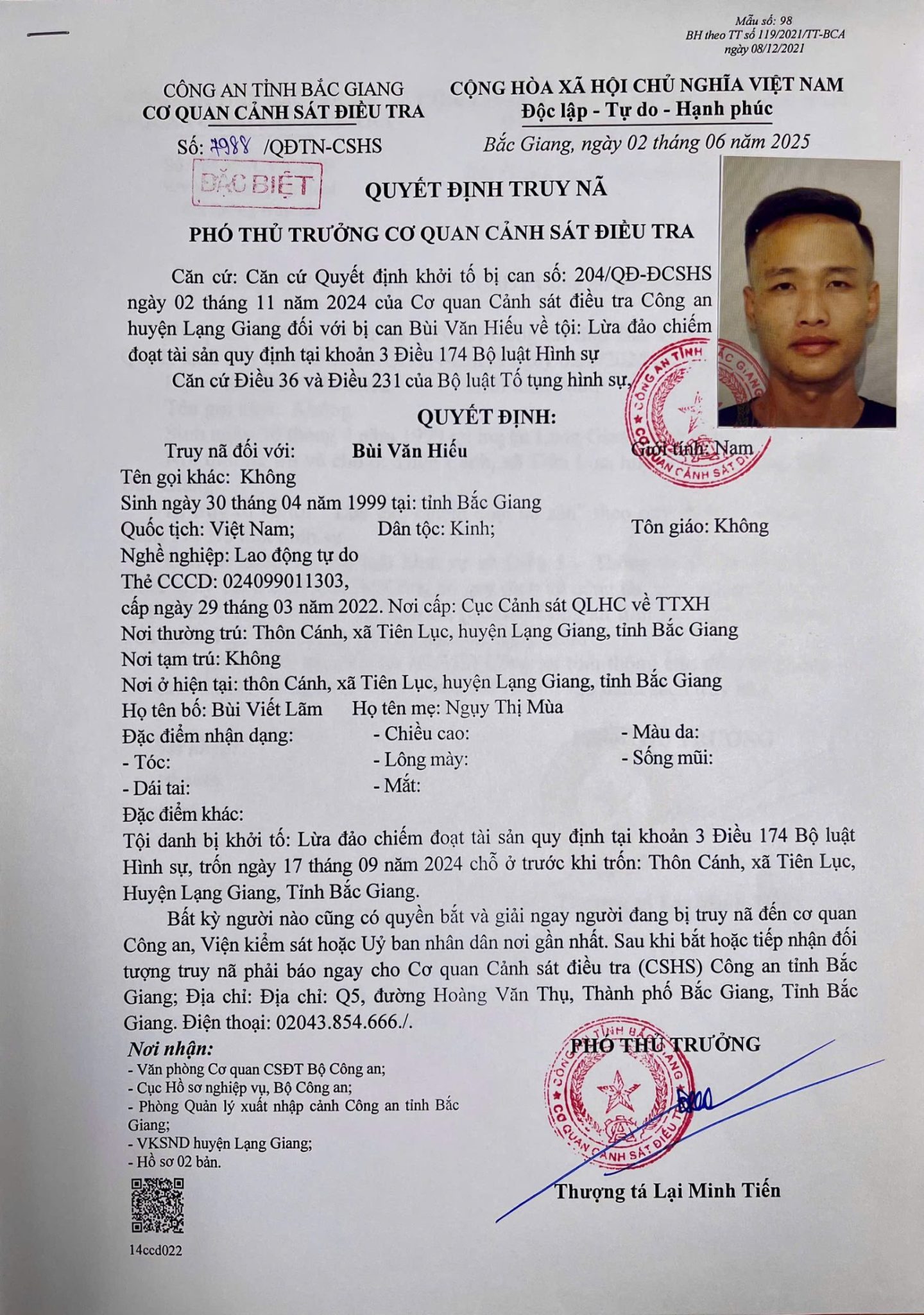 Quyết định truy nã đặc biệt nguy hiểm đối với Bùi Văn Hiếu